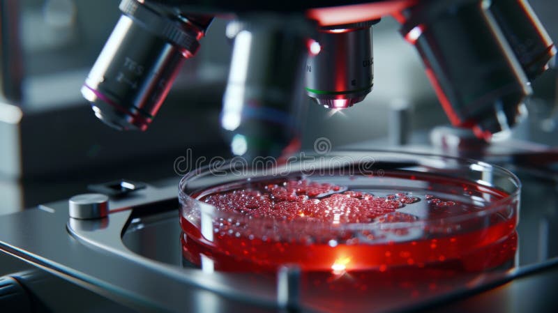 A Microscope Focuses on Samples in a Petri Dish Against a Lab Backdrop ...