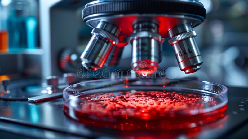 A Microscope Focuses on Samples in a Petri Dish Against a Lab Backdrop ...