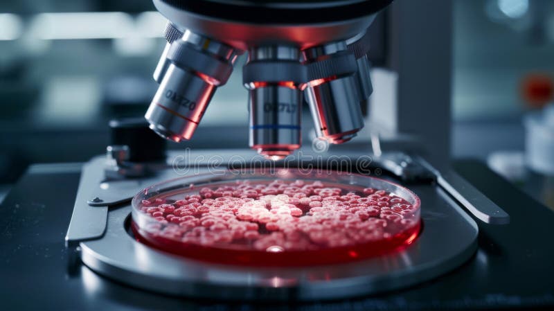 A Microscope Focuses on Samples in a Petri Dish Against a Lab Backdrop ...