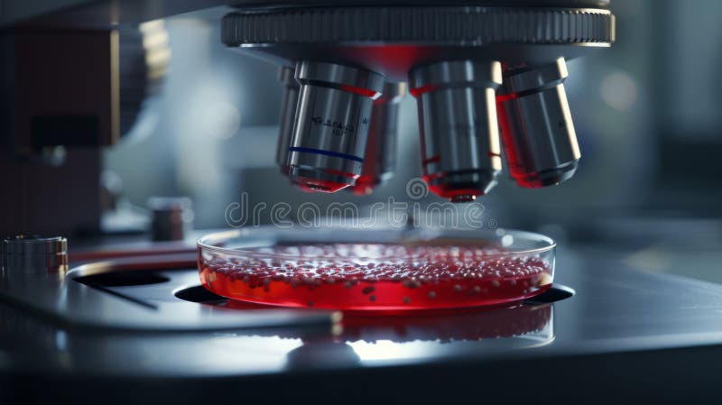 A Microscope Focuses on Samples in a Petri Dish Against a Lab Backdrop ...