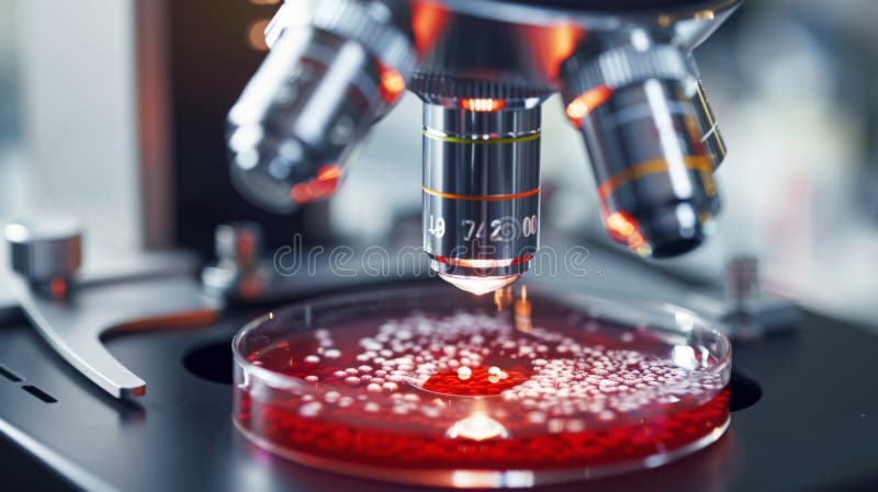 A Microscope Focuses on Samples in a Petri Dish Against a Lab Backdrop ...