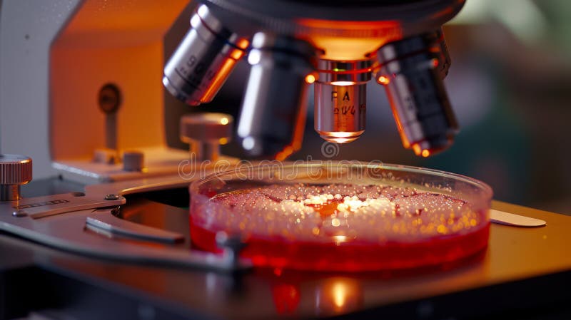 A Microscope Focuses on Samples in a Petri Dish Against a Lab Backdrop ...