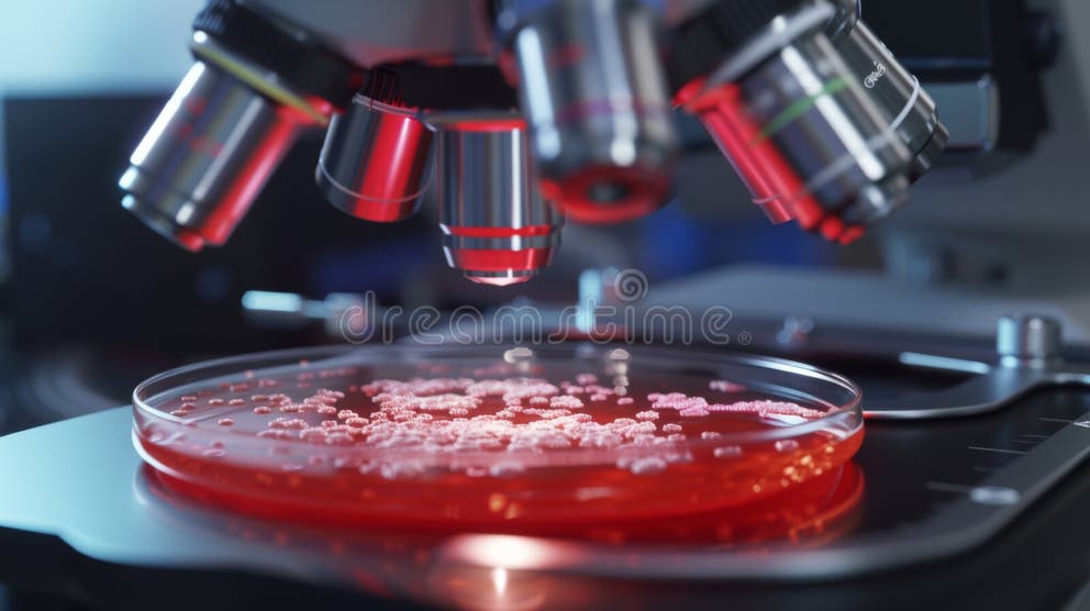 A Microscope Focuses on Samples in a Petri Dish Against a Lab Backdrop ...