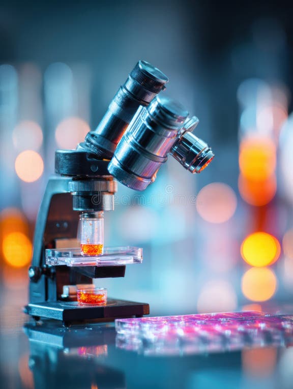 Microscope Examining Skin Tissue Sample with Blurred Laboratory Background and Clear Upper ...