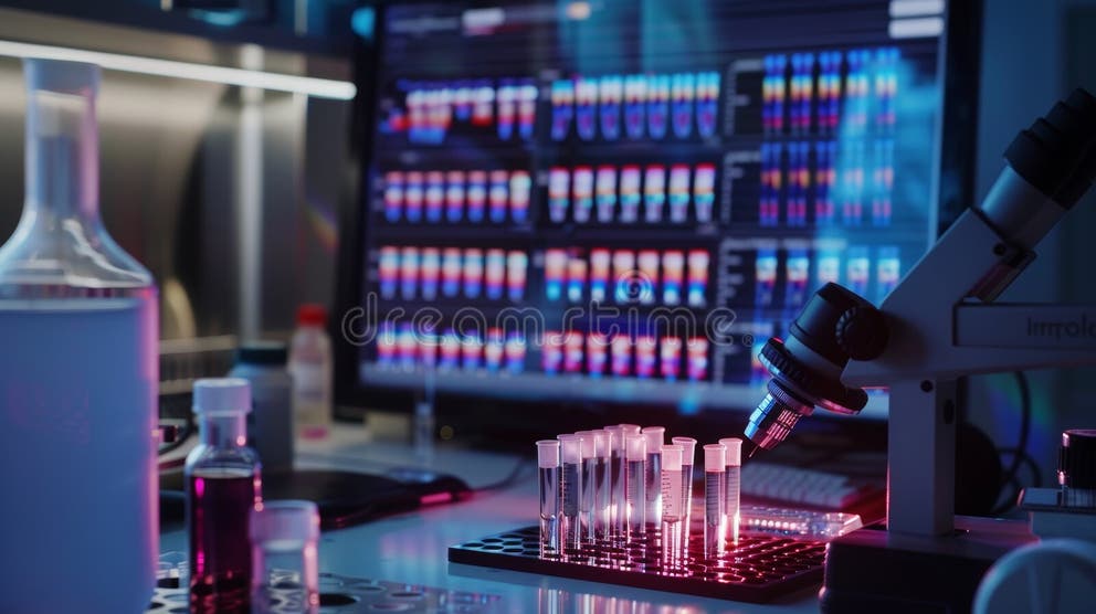 Microscope Focuses on Test Tubes with Computer Screen in Background ...