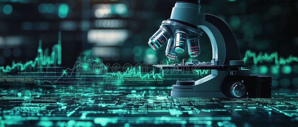 Microscope on Futuristic Lab Table with Digital Data Overlay during ...