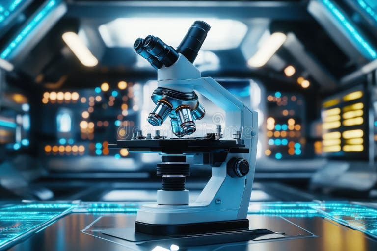 Microscope on Futuristic Lab Table Showcasing Advanced Scientific ...