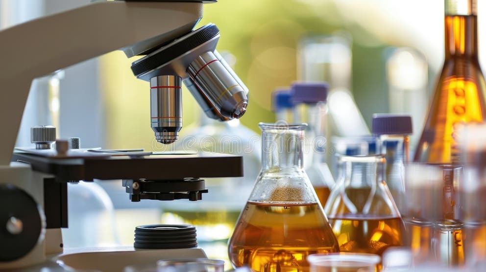 A Microscope and Glass Flasks with Samples, Analysis Under a Microscope ...