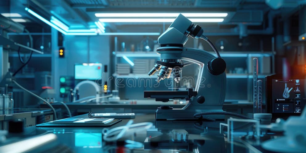 Microscope on glass table stock photo. Image of science - 375887032