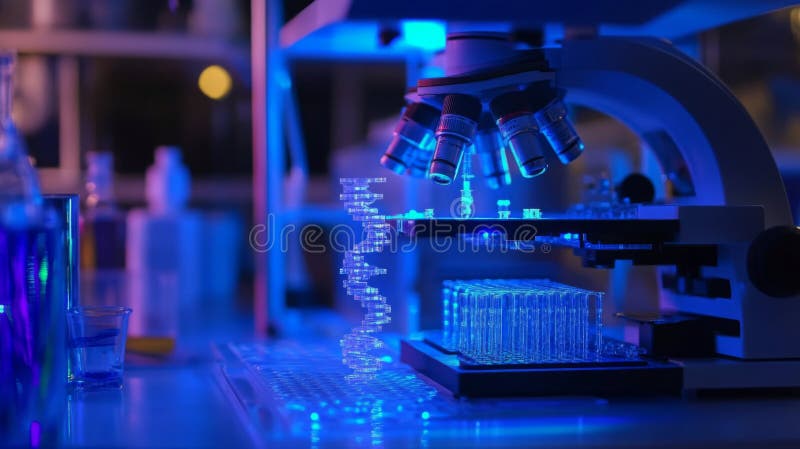 Microscope and Glowing DNA Strand in an Advanced Biotechnology Lab ...