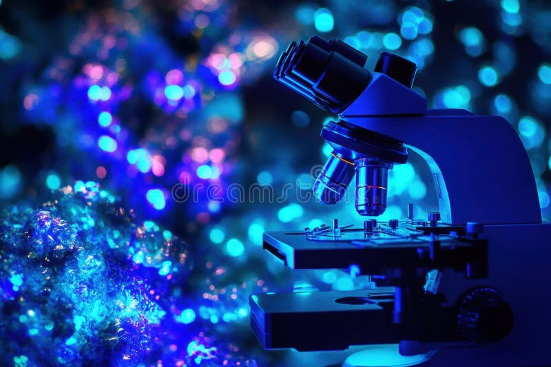 Microscope Illuminated by Blue Lights Amidst Sparkling Bokeh Background ...
