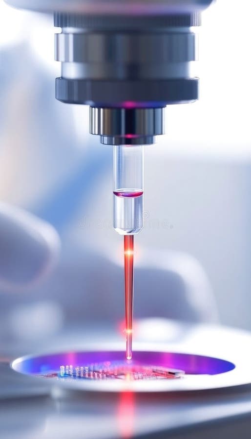 Microscope Focusing on a Glass Slide with a Sample and Laser in a ...