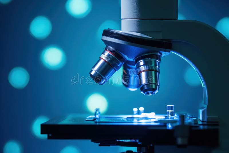 Microscope Under Bright Lighting with Blue Bokeh Background during ...