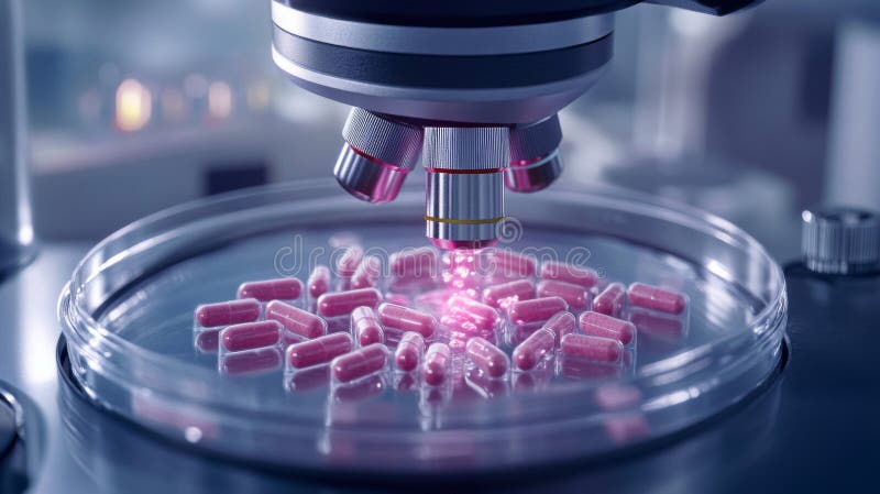 Microscope Inspecting Pink Capsules in Petri Dish Stock Illustration ...