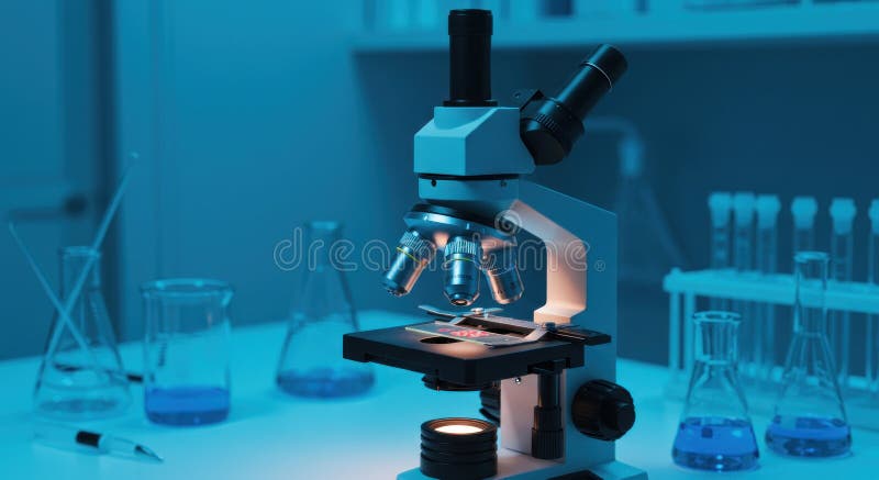 Microscope Inspecting Sample in Science Lab Under Blue Lighting Stock ...