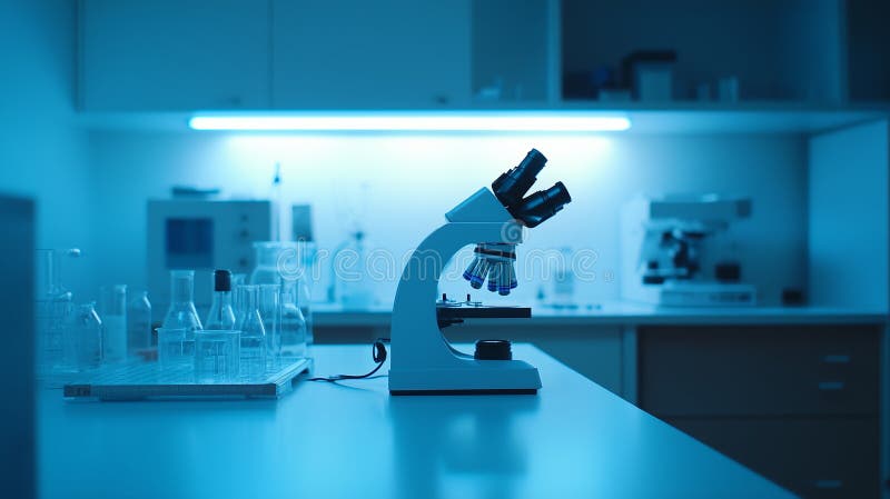Microscope on Lab Bench in a Modern Laboratory at Night with Blue ...