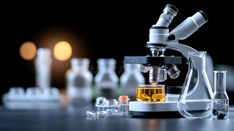 Microscope and Lab Equipment in Focus with Capsules and Flasks Stock ...