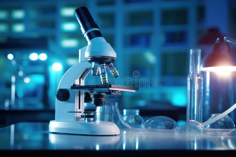 A Microscope with Lab Glassware in Modern Medical Laboratory Stock ...