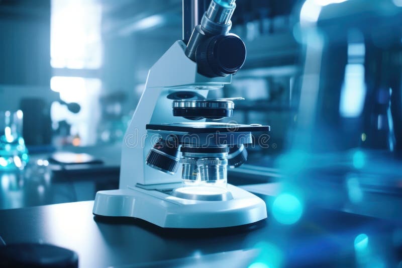 A Microscope with Lab Glassware in Modern Medical Laboratory Stock ...