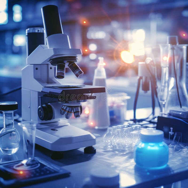 A Microscope with Lab Glassware in Modern Medical Laboratory Stock ...