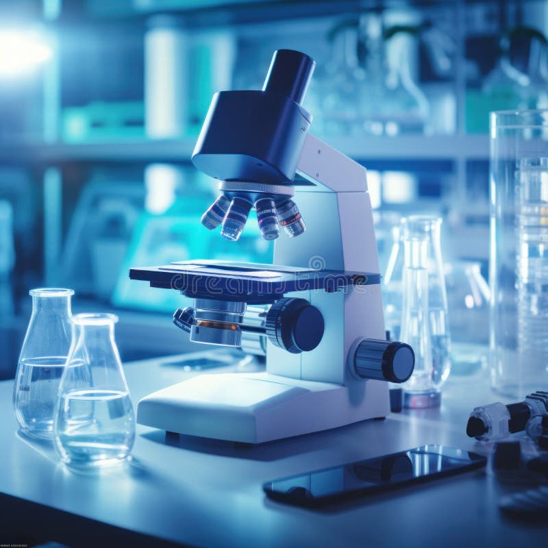 A Microscope with Lab Glassware in Modern Medical Laboratory Stock ...