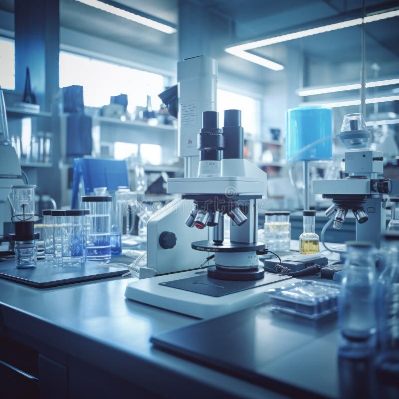 A Microscope with Lab Glassware in Modern Medical Laboratory Stock ...