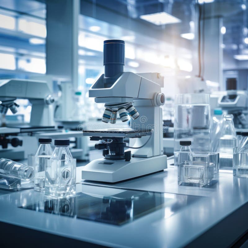 A Microscope with Lab Glassware in Modern Medical Laboratory Stock ...