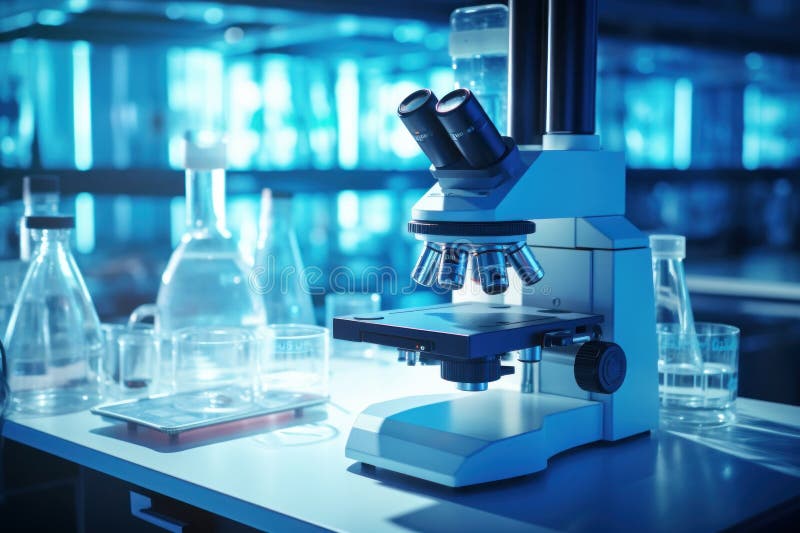 A Microscope with Lab Glassware in Modern Medical Laboratory Stock ...