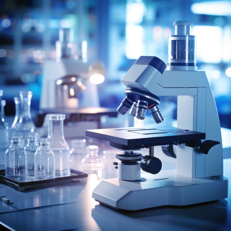 A Microscope with Lab Glassware in Modern Medical Laboratory Stock ...