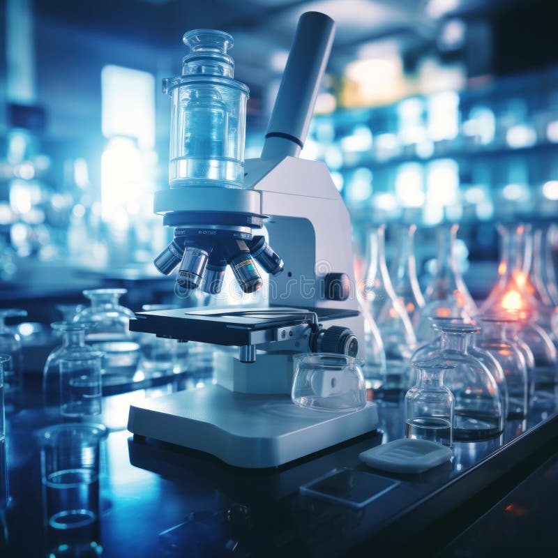 A Microscope with Lab Glassware in Modern Medical Laboratory Stock ...