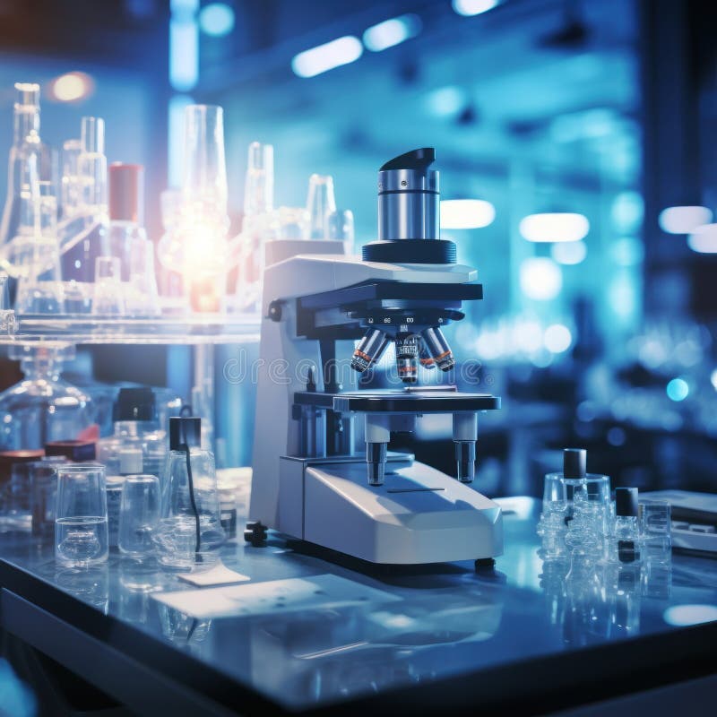 A Microscope with Lab Glassware in Modern Medical Laboratory Stock ...