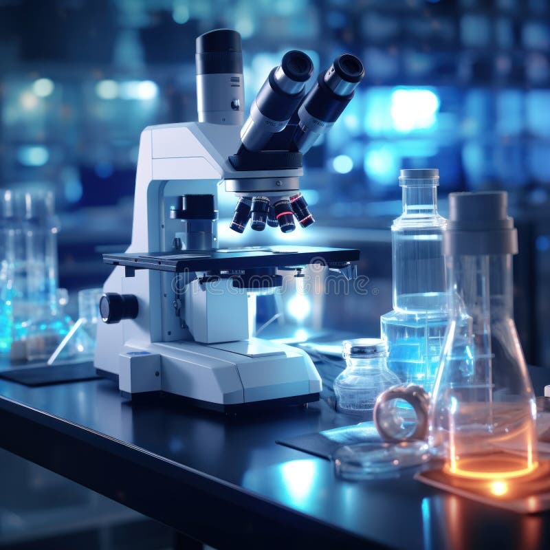 A Microscope with Lab Glassware in Modern Medical Laboratory Stock ...