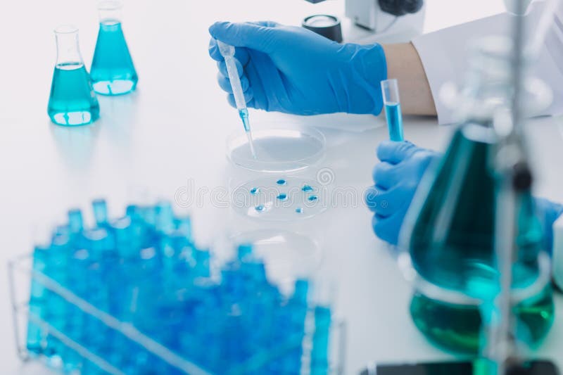 Microscope with Lab Glassware, Science Laboratory Research and ...