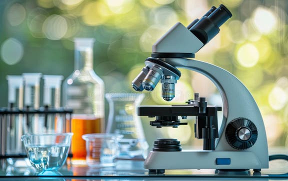 Microscope with Lab Glassware, Science Laboratory Research and ...