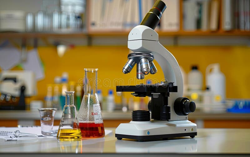 Microscope with Lab Glassware, Science Laboratory Research and ...