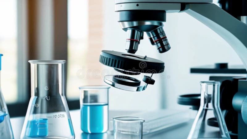 A Microscope with Lab Glassware, Science Laboratory Research and ...