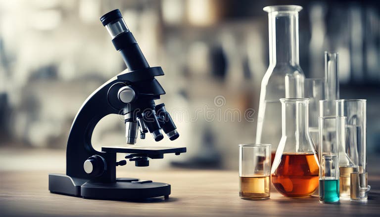 Microscope with Lab Glassware, Science Laboratory Research and ...