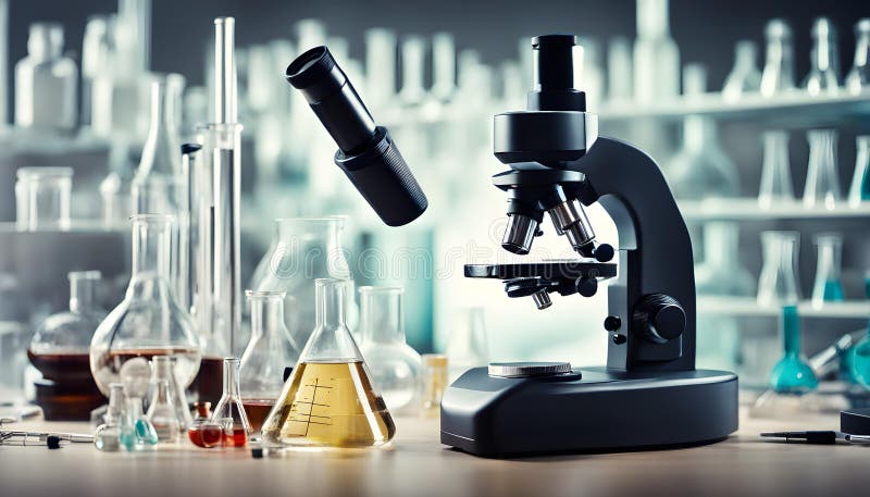 Microscope with Lab Glassware, Science Laboratory Research and ...