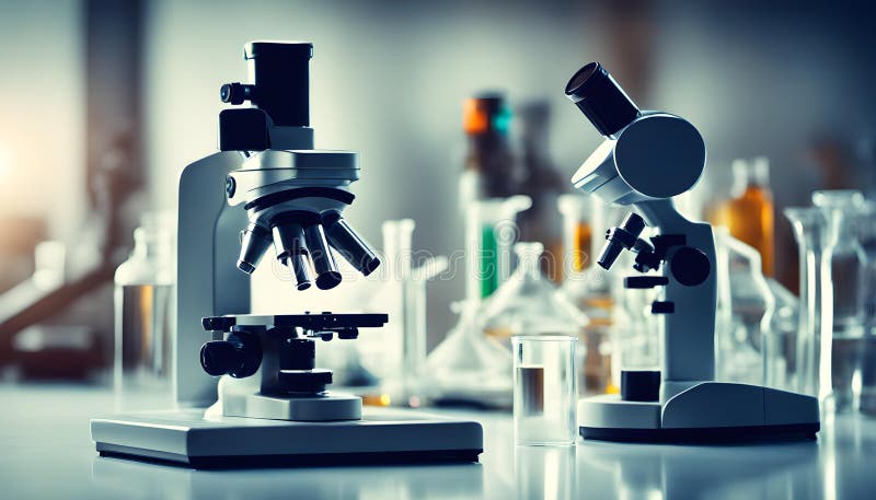 Microscope with Lab Glassware, Science Laboratory Research and ...