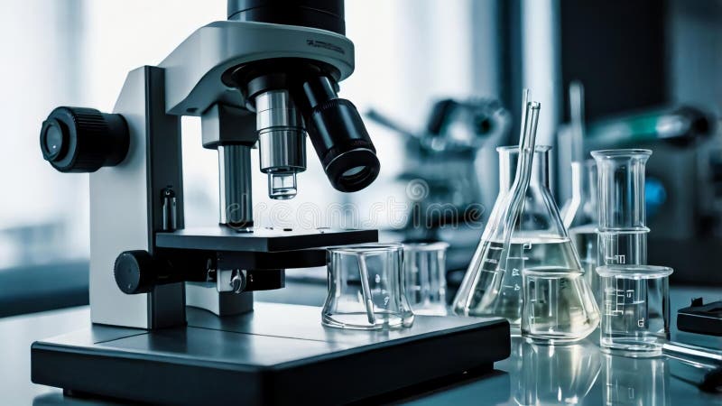 Microscope with Lab Glassware, Science Laboratory Research and ...