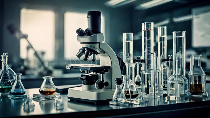 Microscope with Lab Glassware, Science Laboratory Research and ...