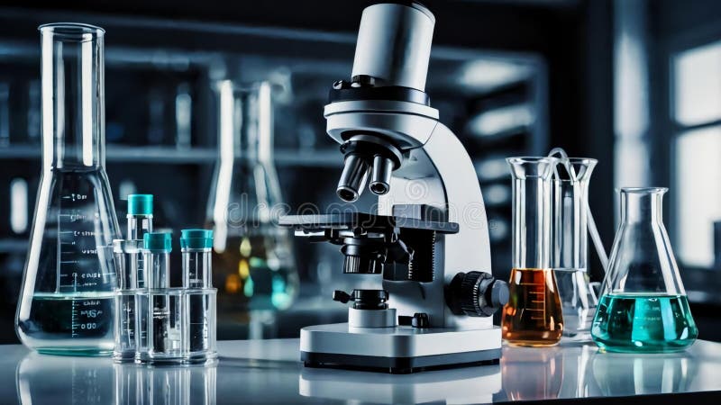 Microscope with Lab Glassware, Science Laboratory Research and ...