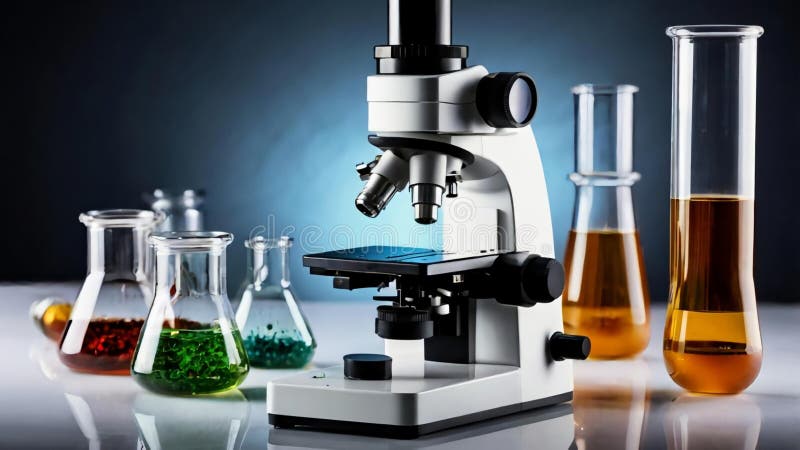 Microscope with Lab Glassware, Science Laboratory Research and ...