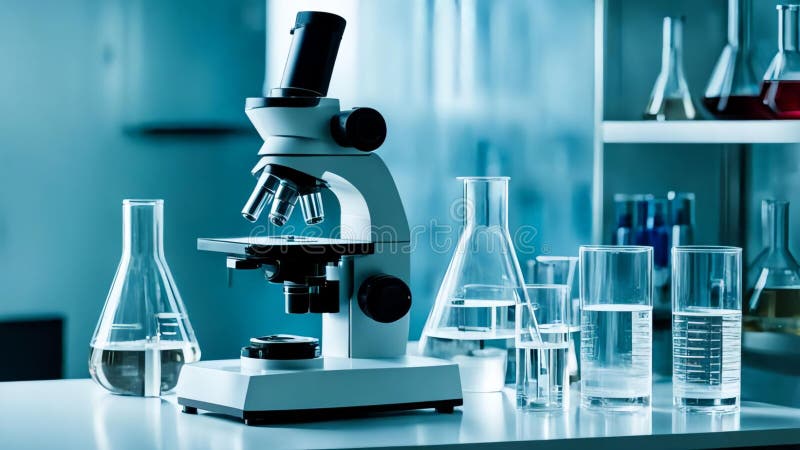 Microscope with Lab Glassware, Science Laboratory Research and ...
