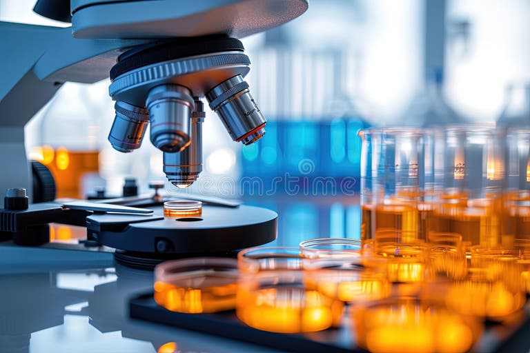 Microscope in a Lab with Petri Dishes. Generative AI Stock Illustration ...