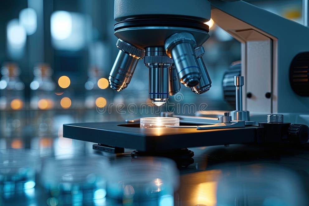 Microscope in a Lab with Petri Dishes. Generative AI Stock Illustration ...