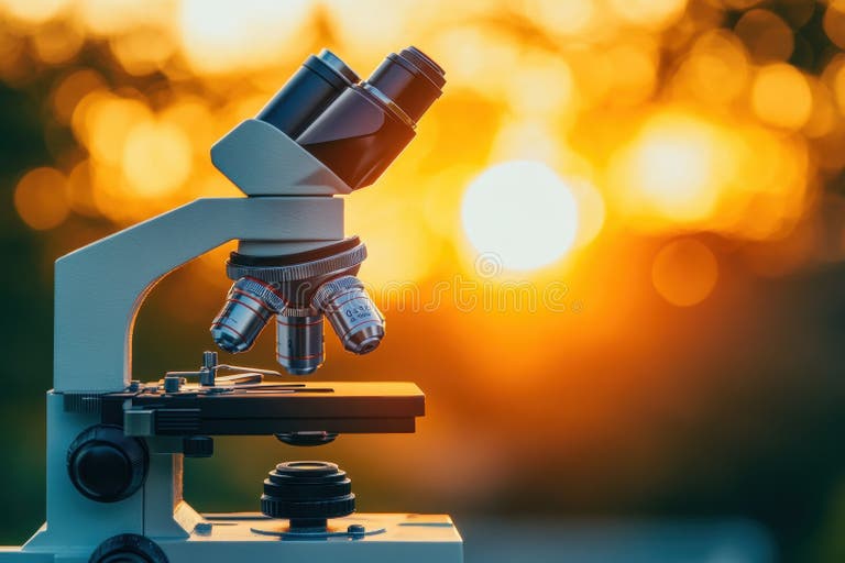Microscope on a Lab Table with Golden Sunset Background Creating a ...