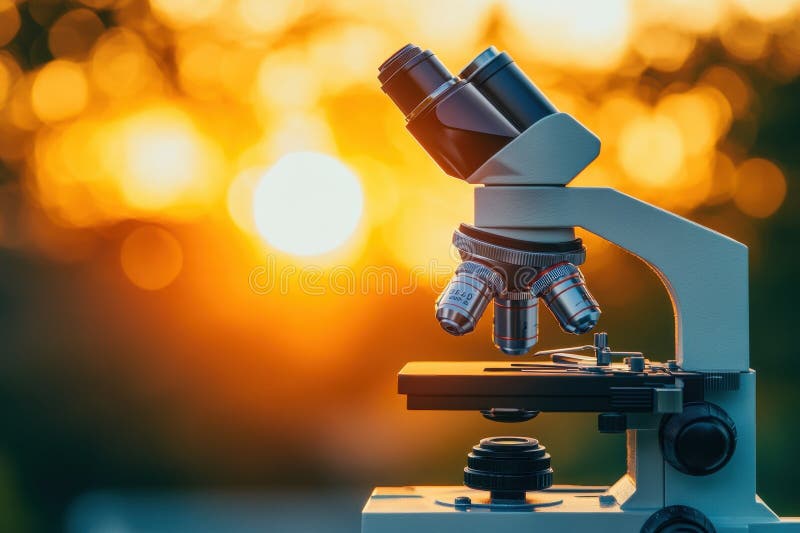 Microscope on a Lab Table with Golden Sunset Background Creating a ...