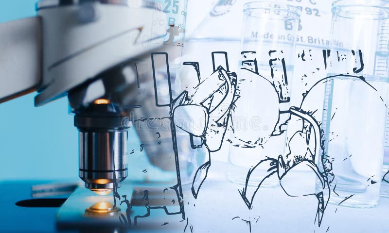 Microscope and Lab Vials with Abstract Hazard Sketch Stock Photo ...