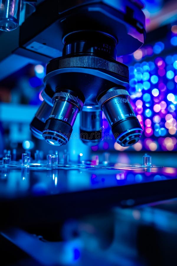 A Microscope in a Laboratory with Blue Lights in the Background Stock ...